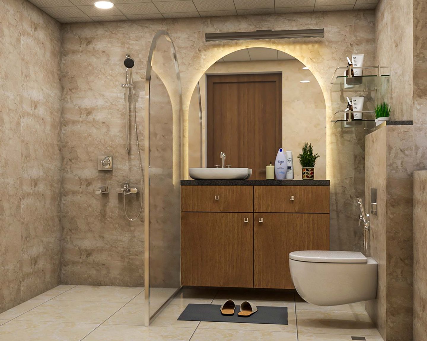 Cream Tile Mid-century Modern Bathroom Design with Vanity and Arched Mirror | Livspace