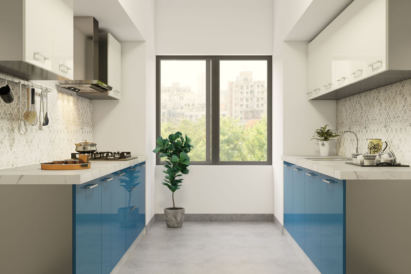 Spacious Modern Parallel Kitchen Design: Cabinets and Backsplash | Livspace