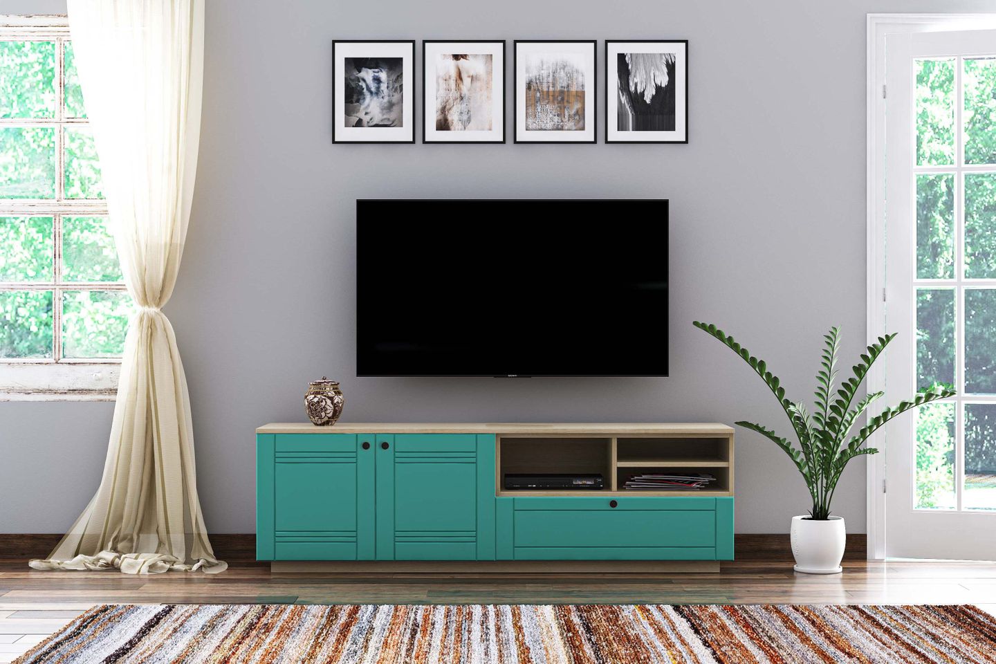 Pervinca Modern TV Unit Design with Floor Mounted Drawer and Open Shelf Unit | Livspace