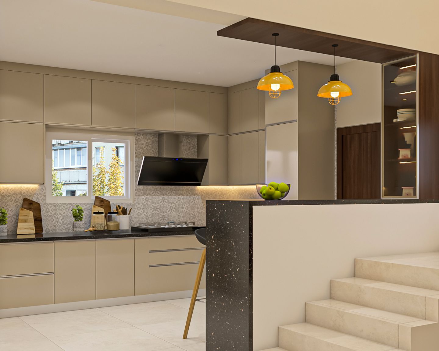 Irish Cream-Toned L-Shape Kitchen Design With Grey-White Moroccan Backsplash | Livspace