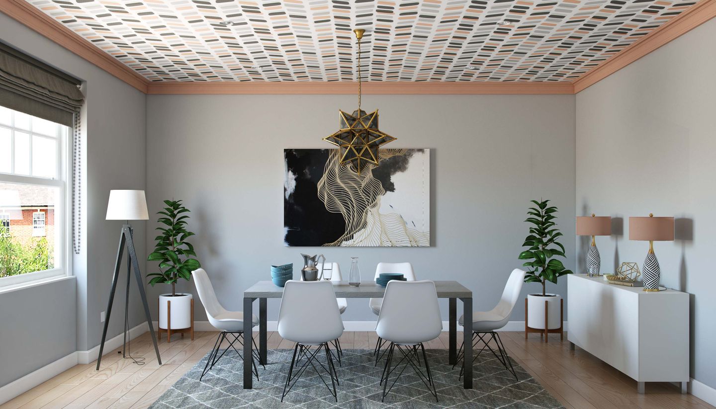 Wooden Peripheral Dining Room False Ceiling Design With Wallpaper ...