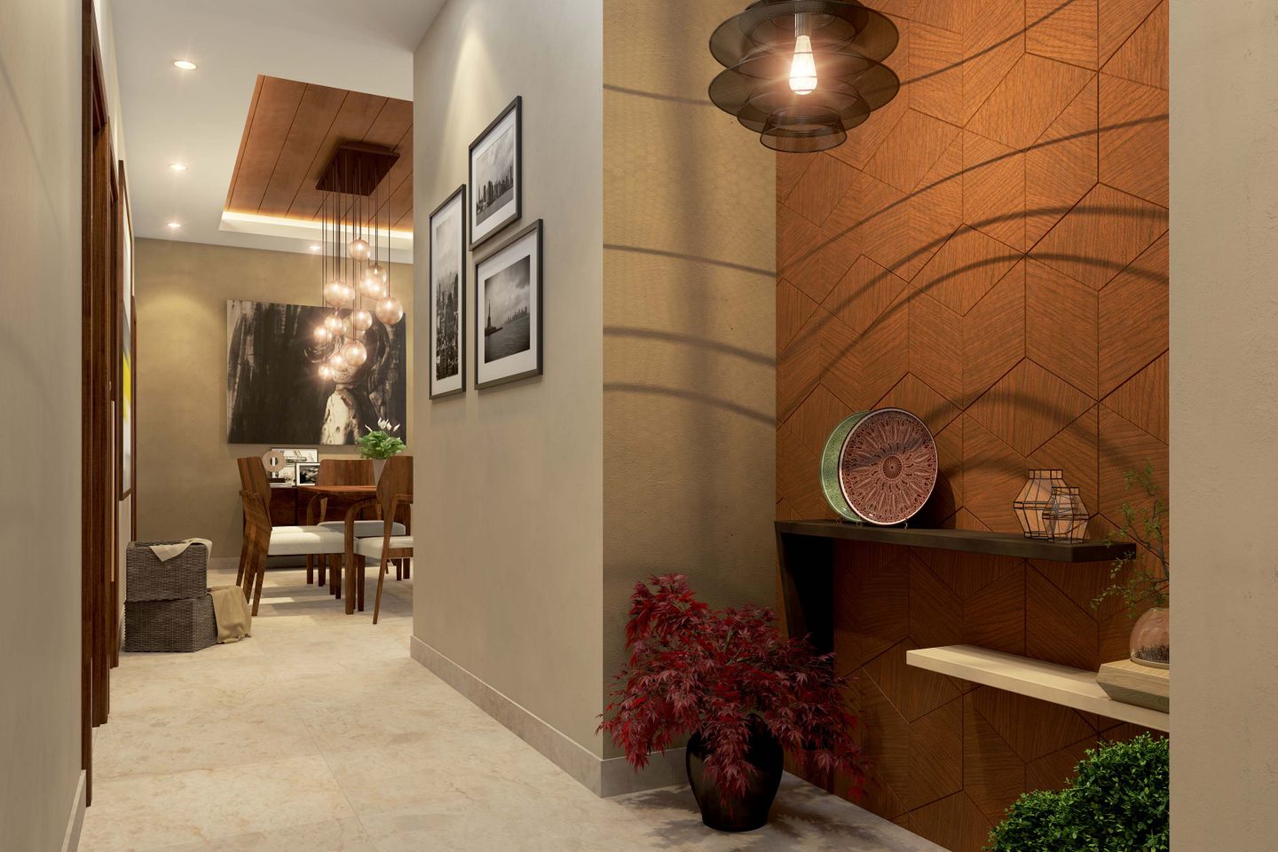 Spacious Foyer Design With Wall-Mounted Shelves And Wooden Geometric ...