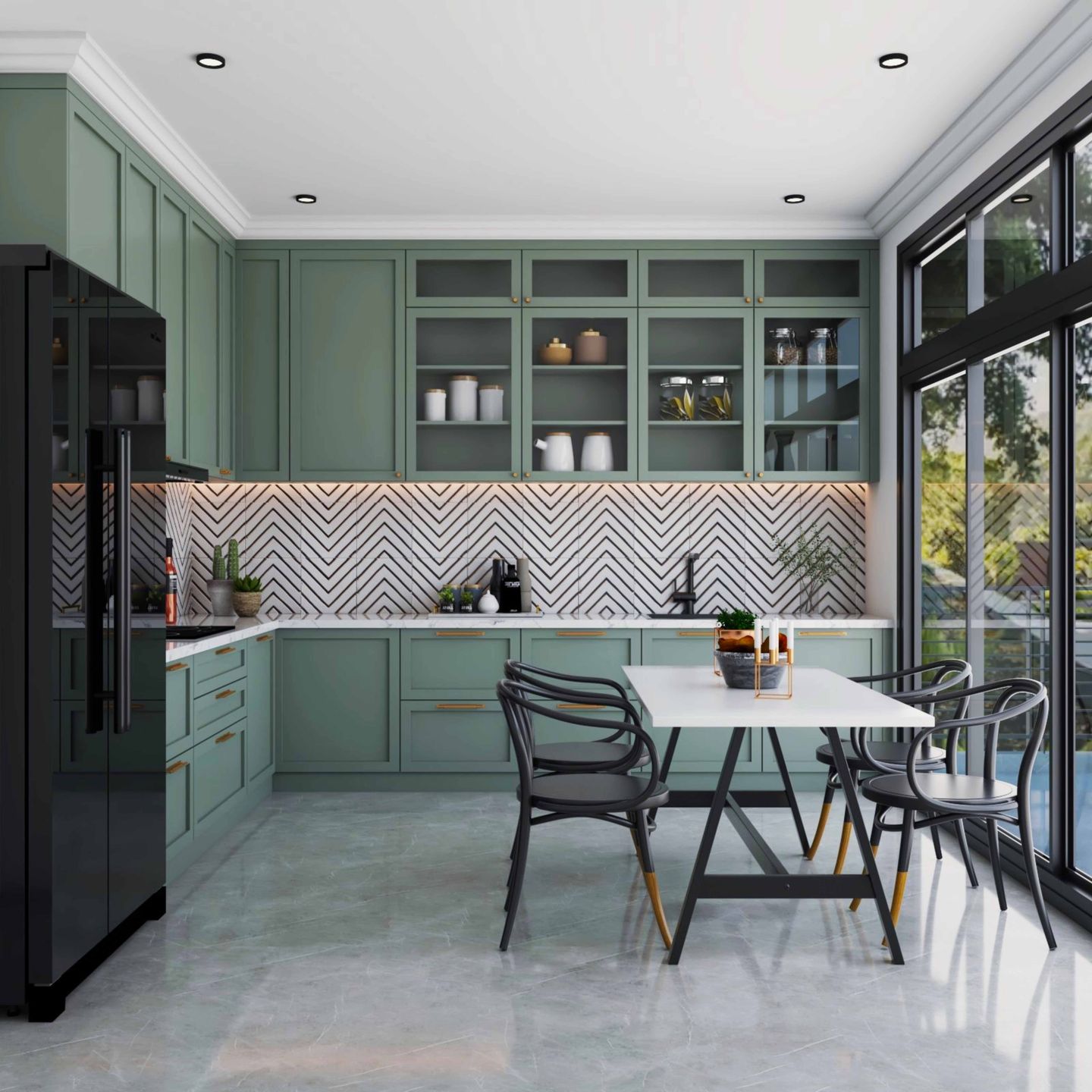 Spacious Sea Green L-Shape Kitchen Cabinet Design With Black-White Backsplash | Livspace