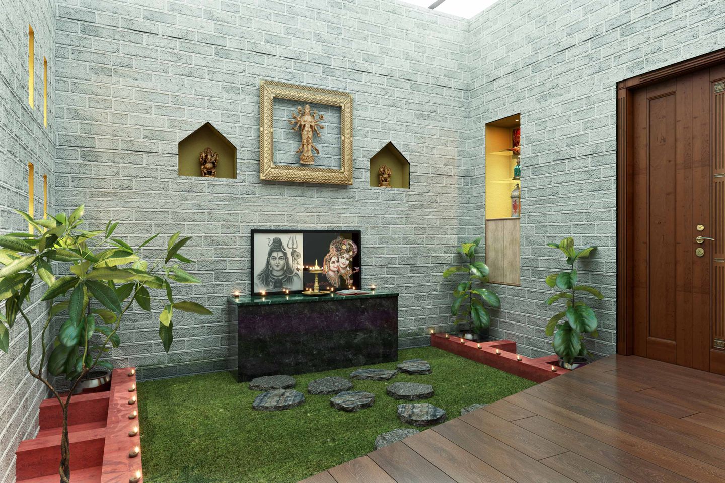 Granite Mandir Design With Grey Stone Cladding, Green Grass Mat And ...
