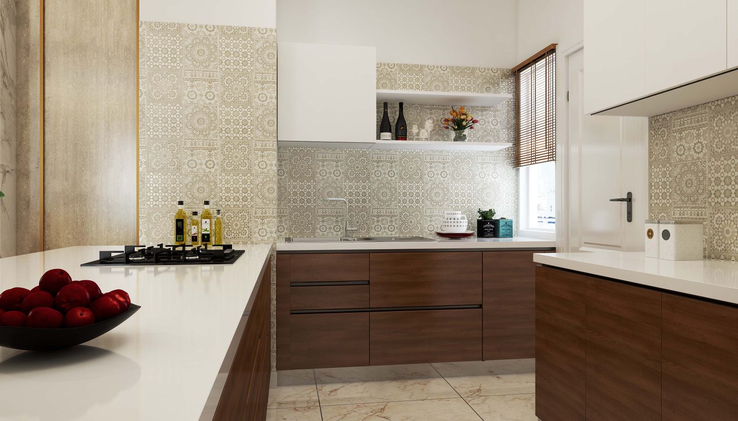 Square Beige Kitchen Tile Design With Moroccan Patterning | Livspace
