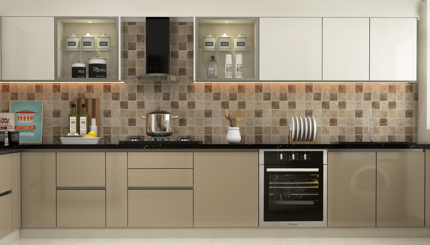 Light And Dark Brown Kitchen Tile Design With Grid Pattern | Livspace