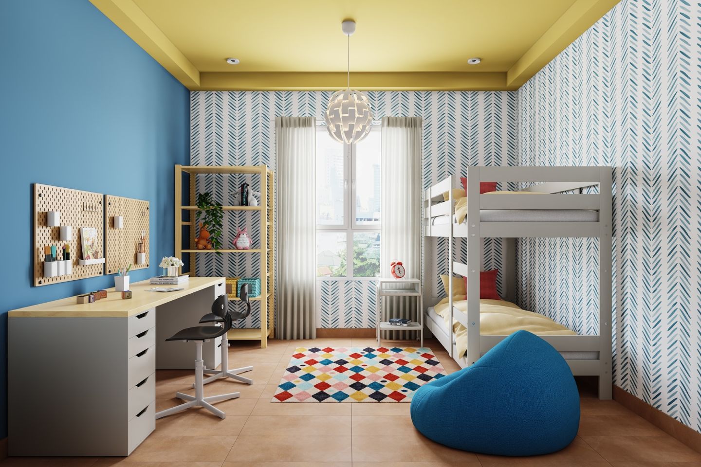 Spacious Space-Saving Kids Bedroom Design With Bunk Bed And Study Table ...