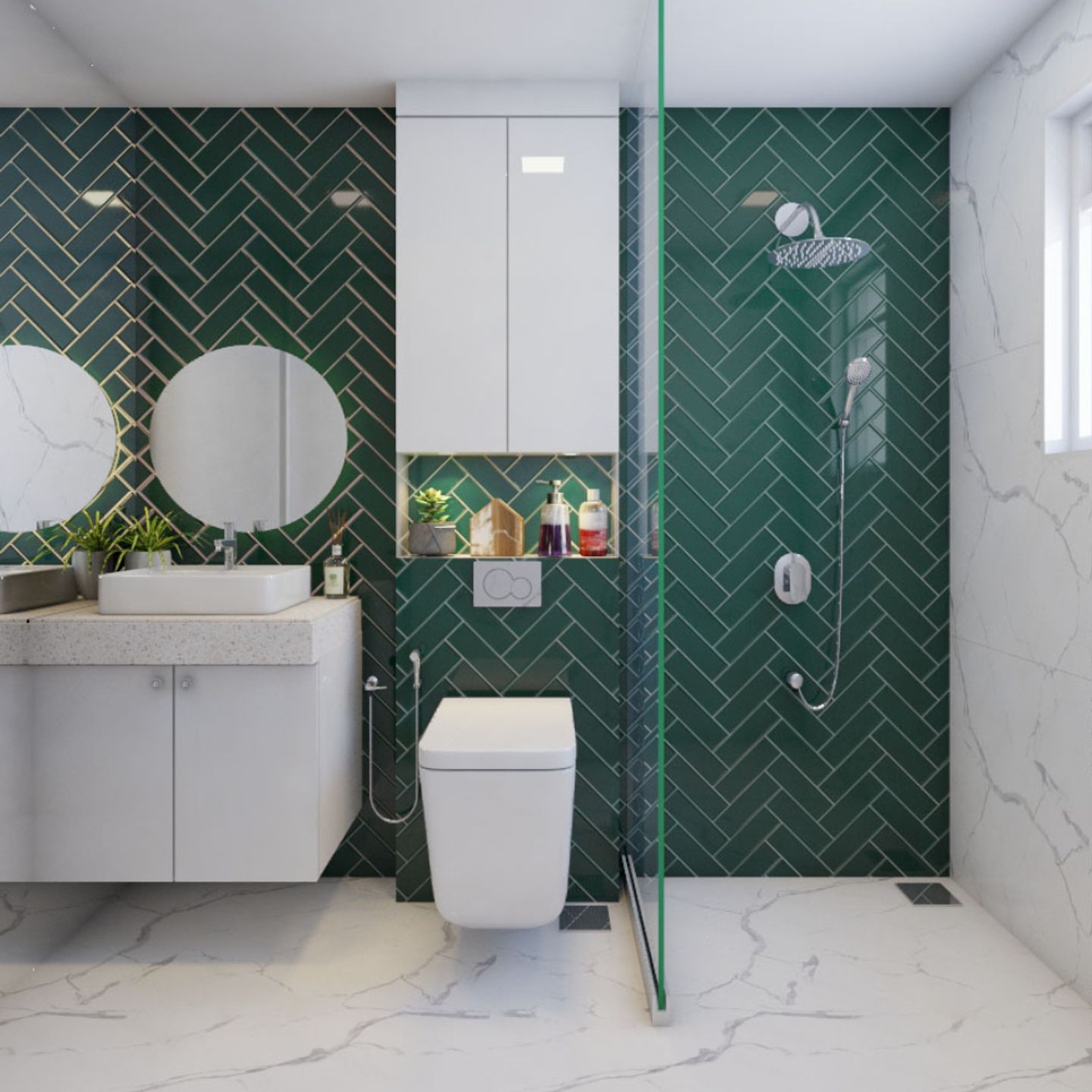 Herringbone Dark Greey Glossy Bathroom Tile Design | Livspace