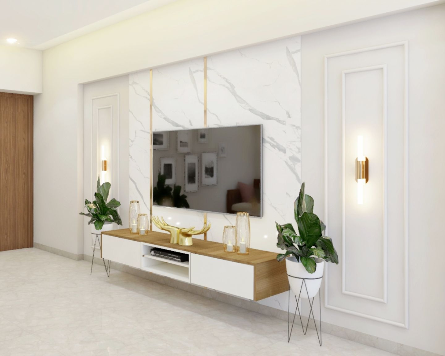 White And Brown TV Unit Design With Marble Accent Wall | Livspace