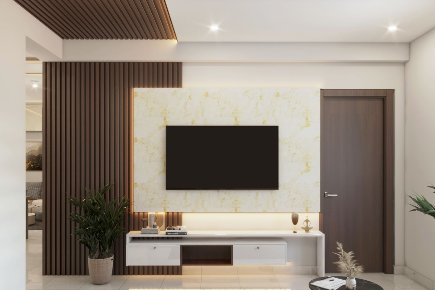 Spacious Wood And White TV Unit Design With Marble Back Panel And Wooden Panelling | Livspace