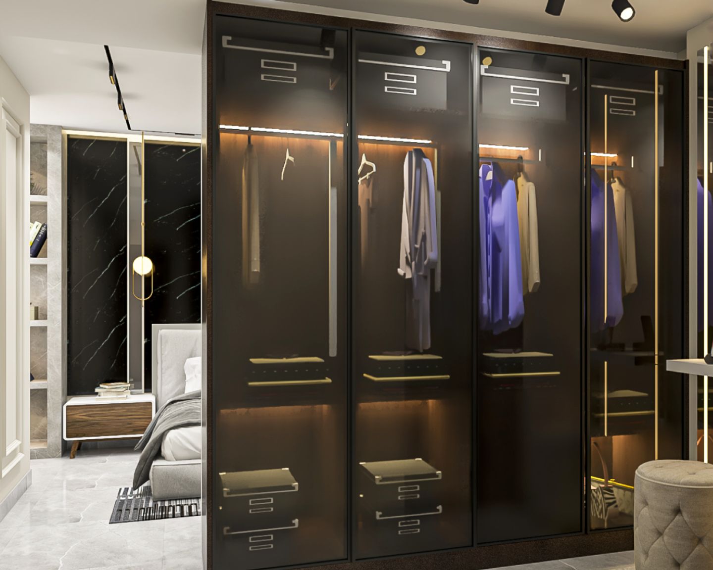 4-Door Dark Brown Swing Wardrobe Design With Transparent Shutters And ...