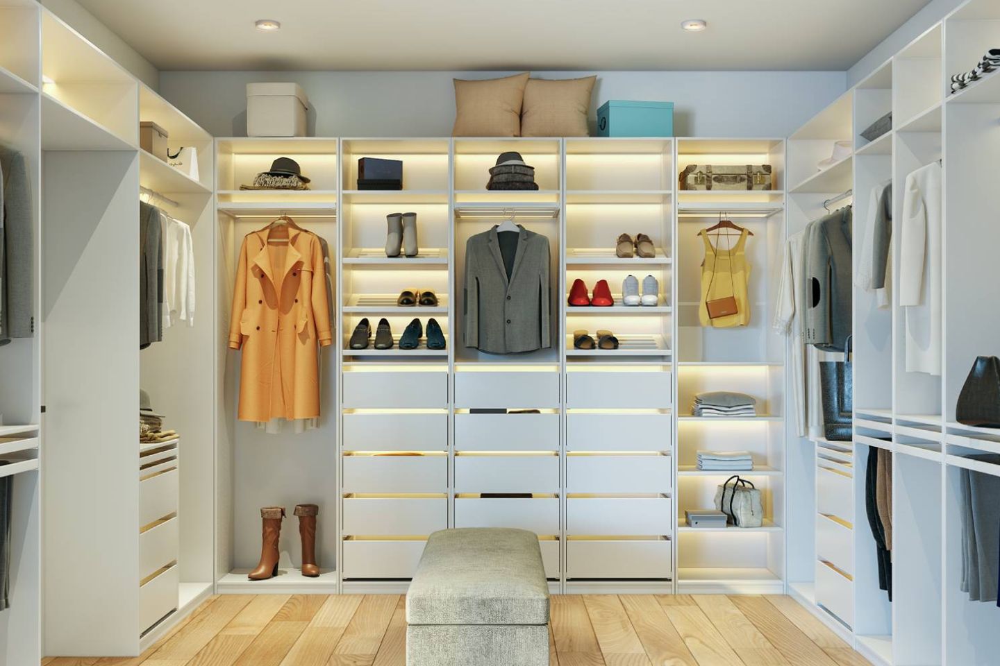 White Doorless Walk-In Wardrobe Design In White | Livspace