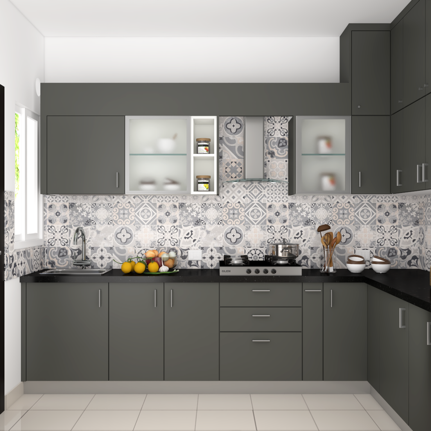 Contemporary Kitchen with Moroccan backsplash and Dark Grey Laminates ...
