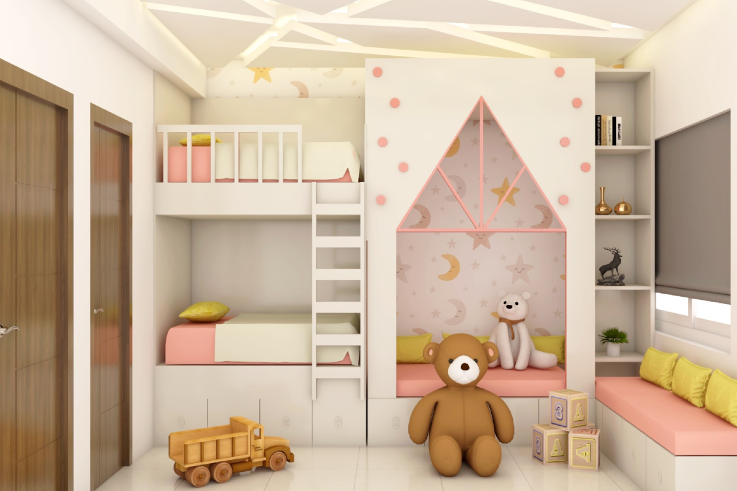 Contemporary Neutral Toned Compact Kids Bedroom Design | Livspace