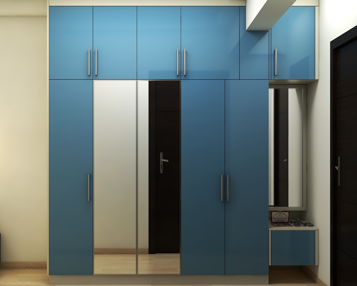 Low Maintenence Blue- Tinted Wardrobe with Full-Lenth Mirror | Livspace