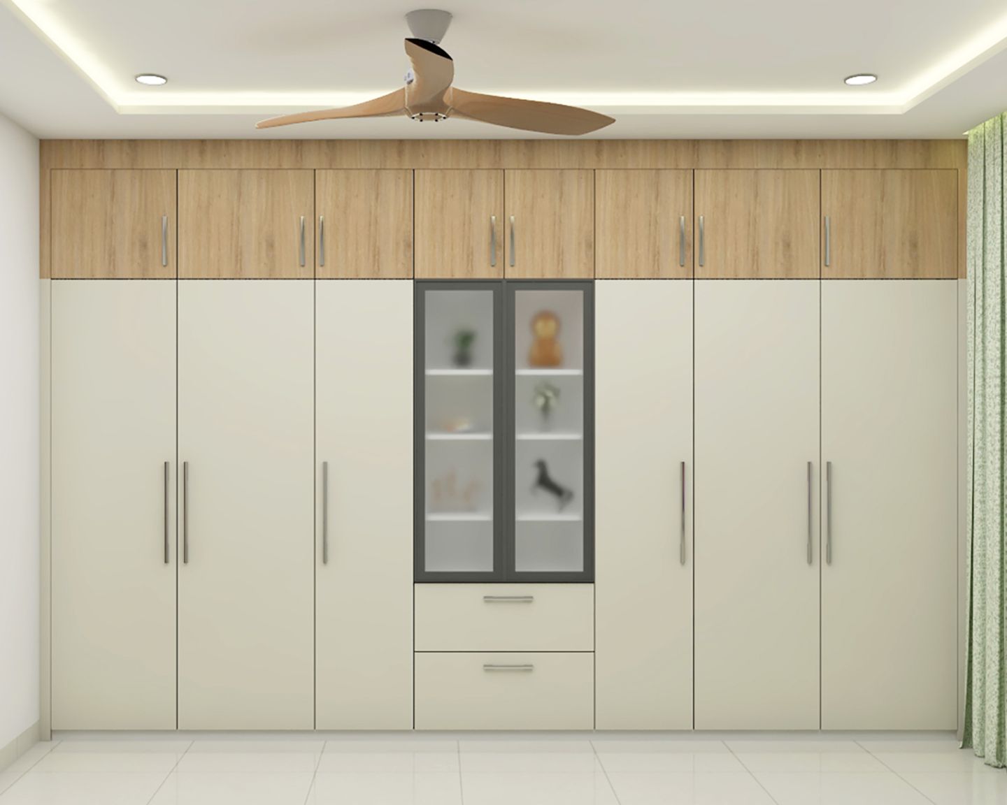 Spacious Dual-Coloured Wardrobe with Draws and Open Ledges | Livspace