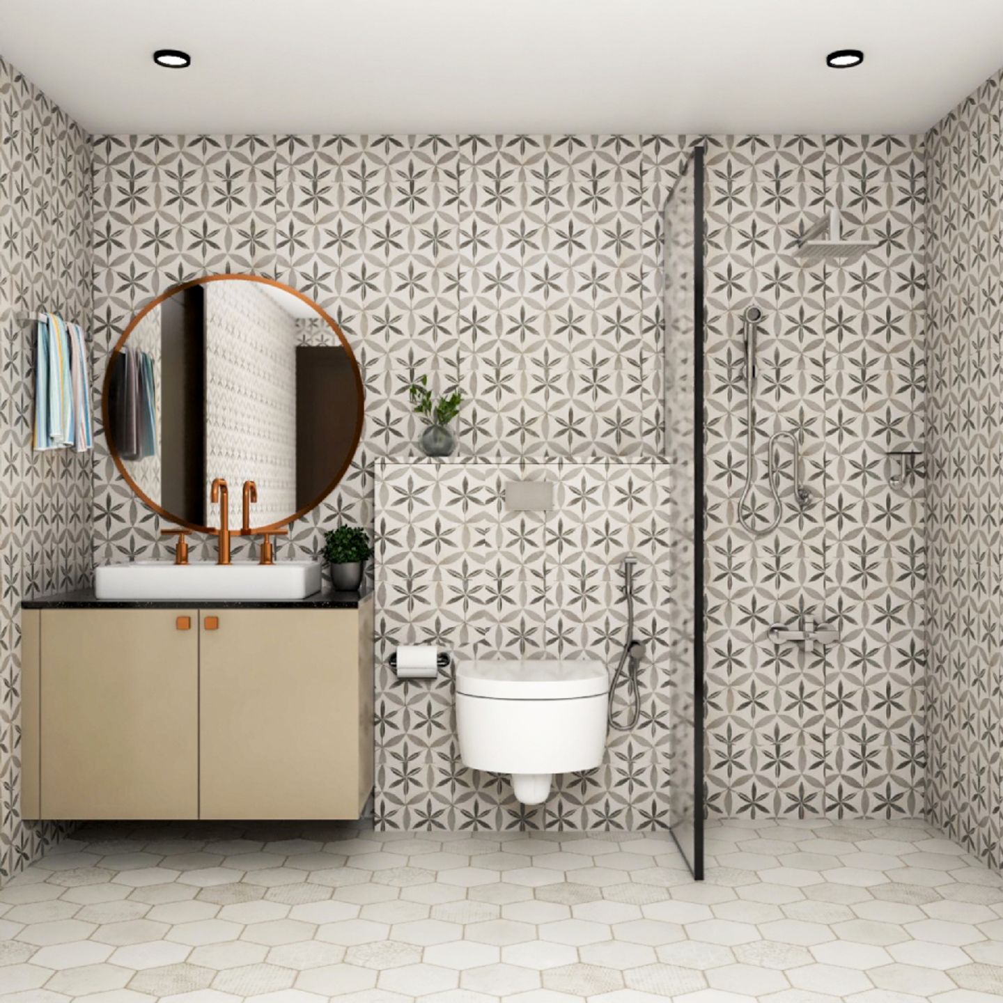 Modern Bathroom Design With Golden Fixtures And Monochromatic Wall ...