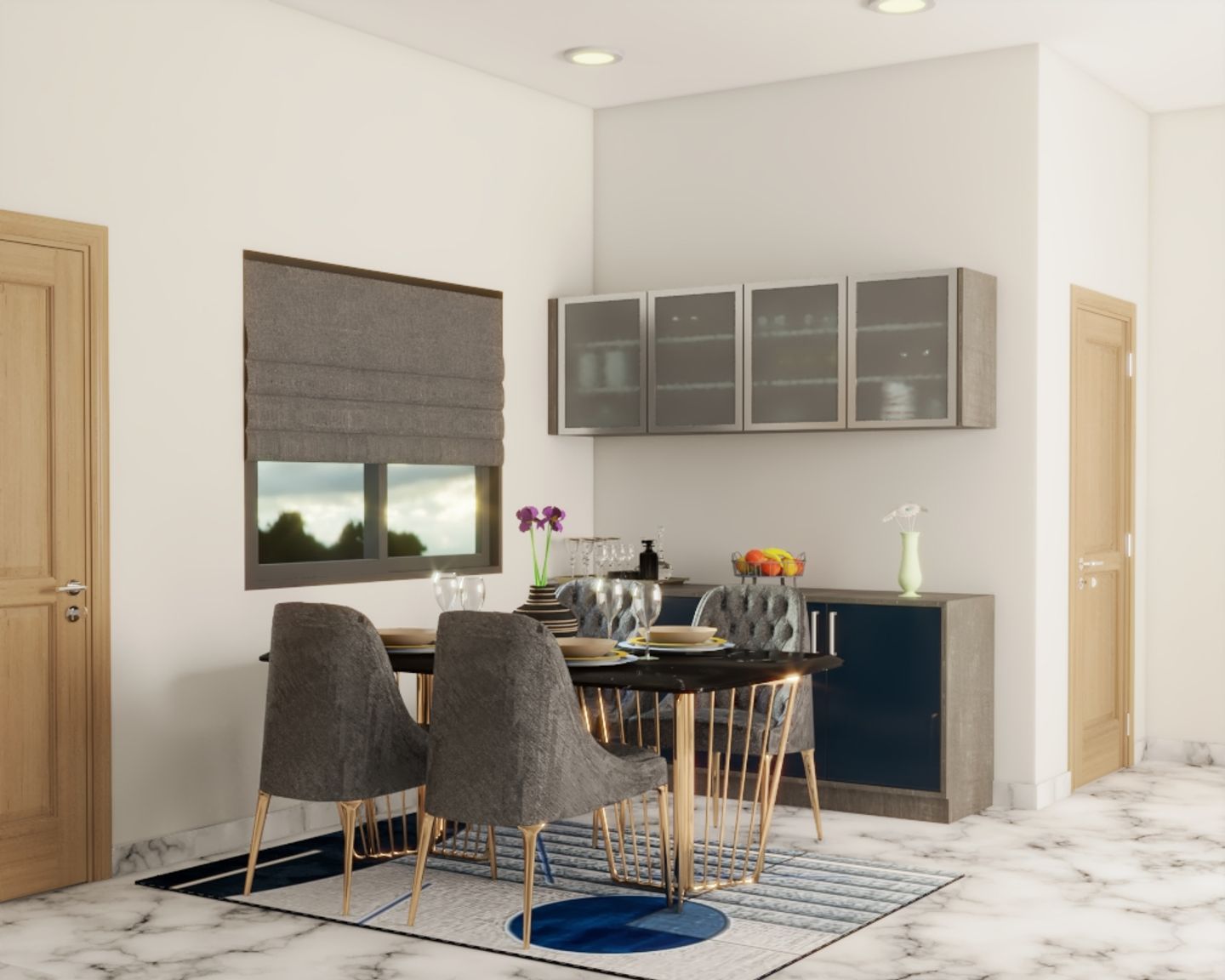 Spacious Dining Room Design With Golden Legs And Black Marble Top | Livspace