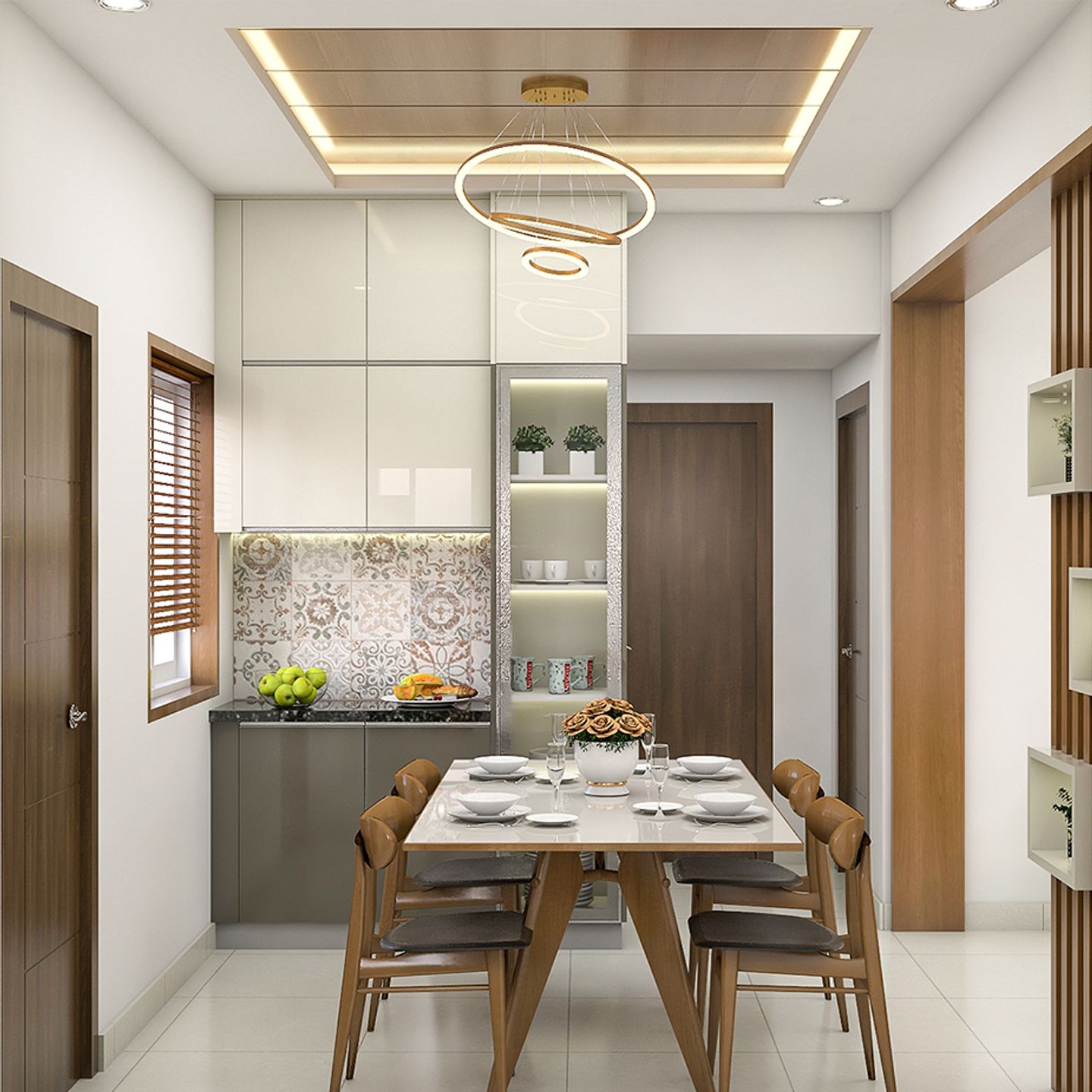 Compact 4-Seater Dining Room Design With Crockery Unit | Livspace