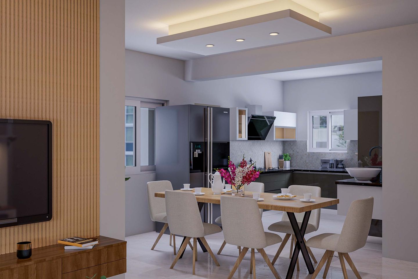 6-Seater Modern Dining Room Design With False Ceiling | Livspace