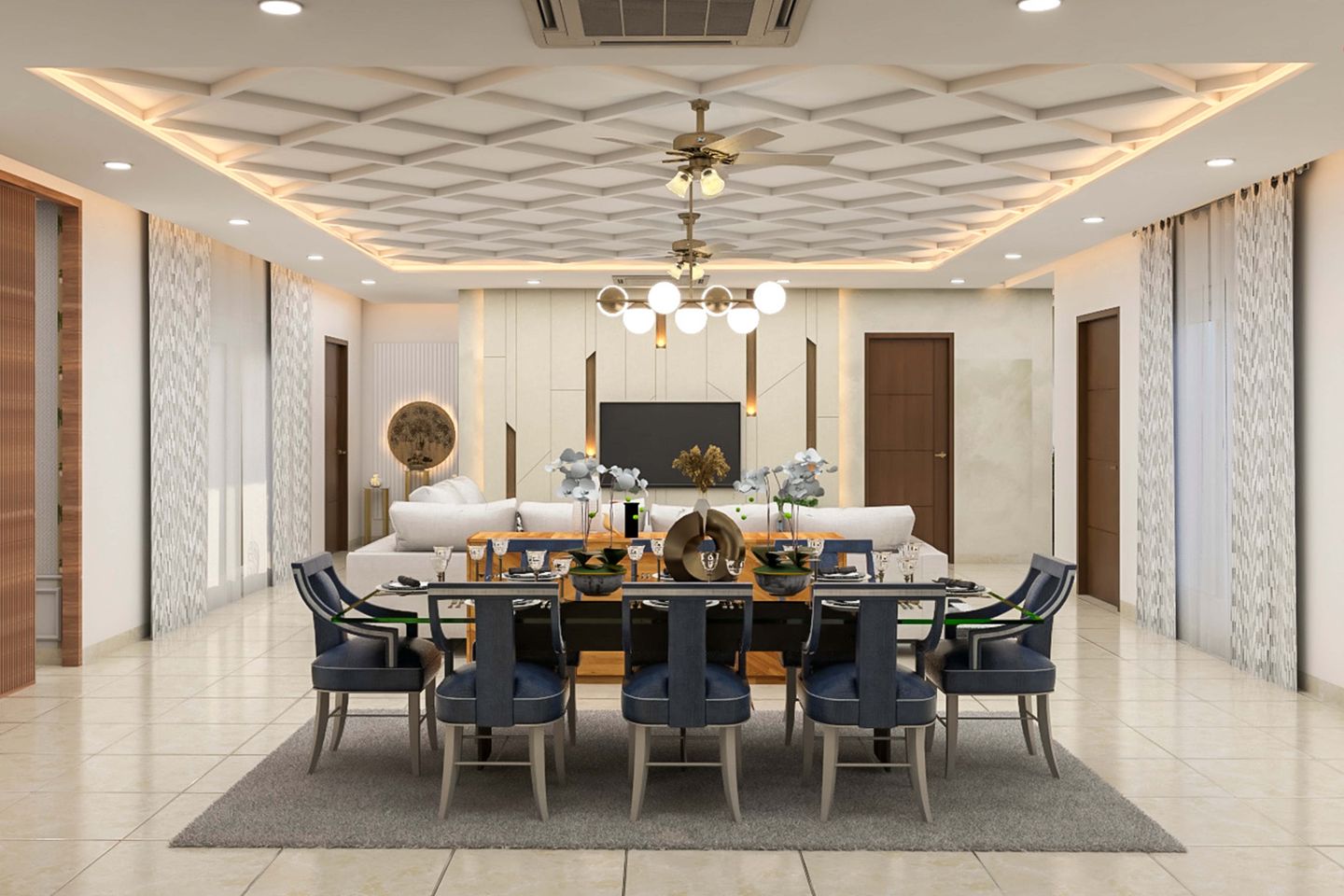 Contemporary 8-Seater Blue Dining Room Design | Livspace