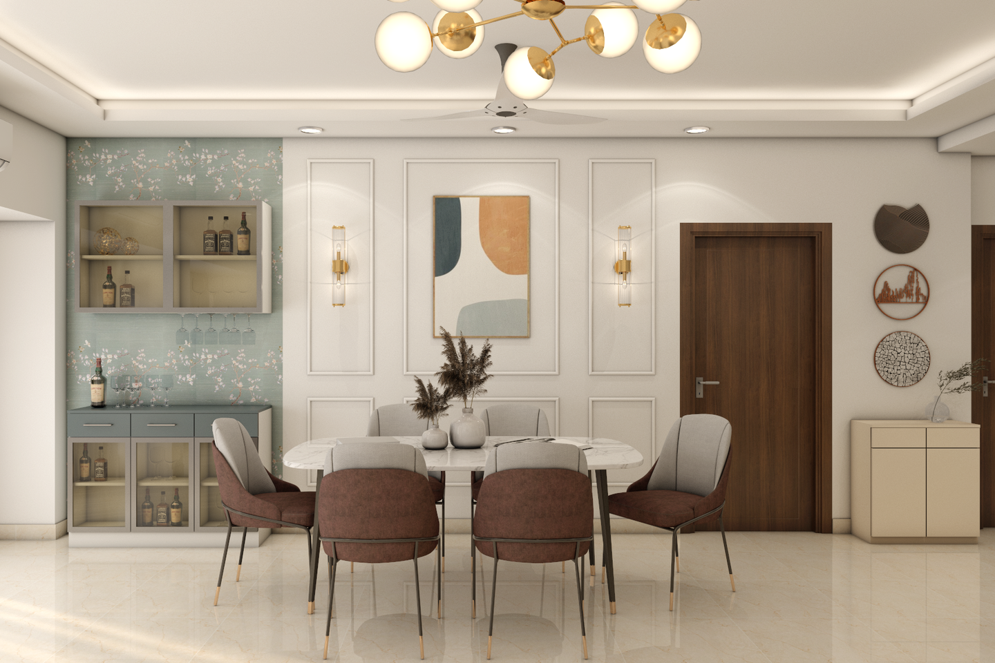 Contemporary Six-Seater Dining Room With White Trims And Bar Counter ...