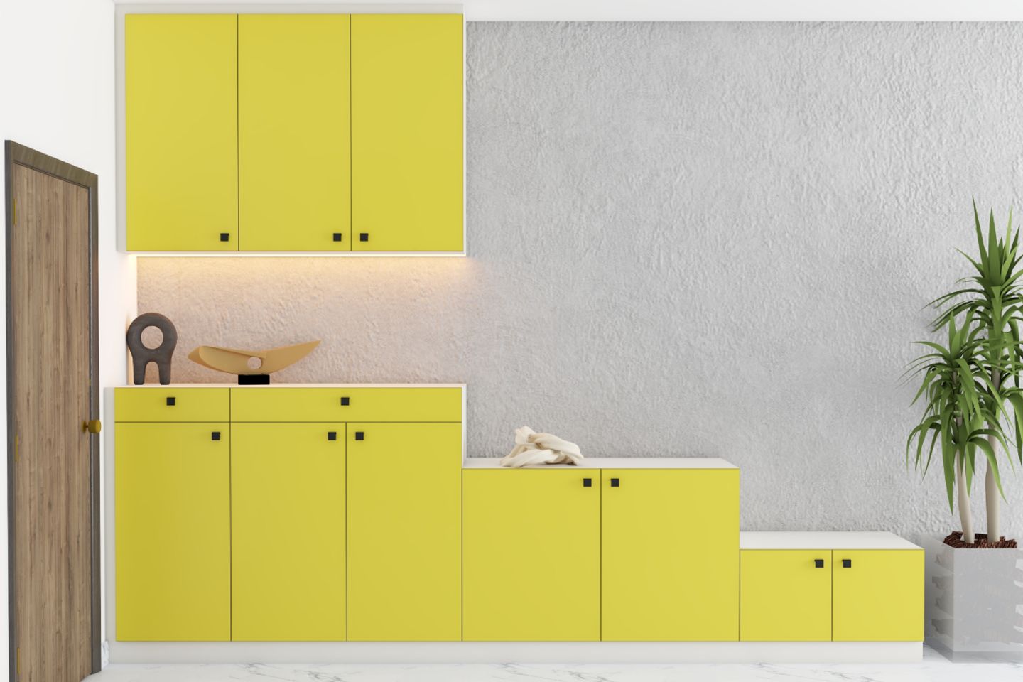 Spacious Modern Foyer Design with Bright Yellow Cabinets | Livspace