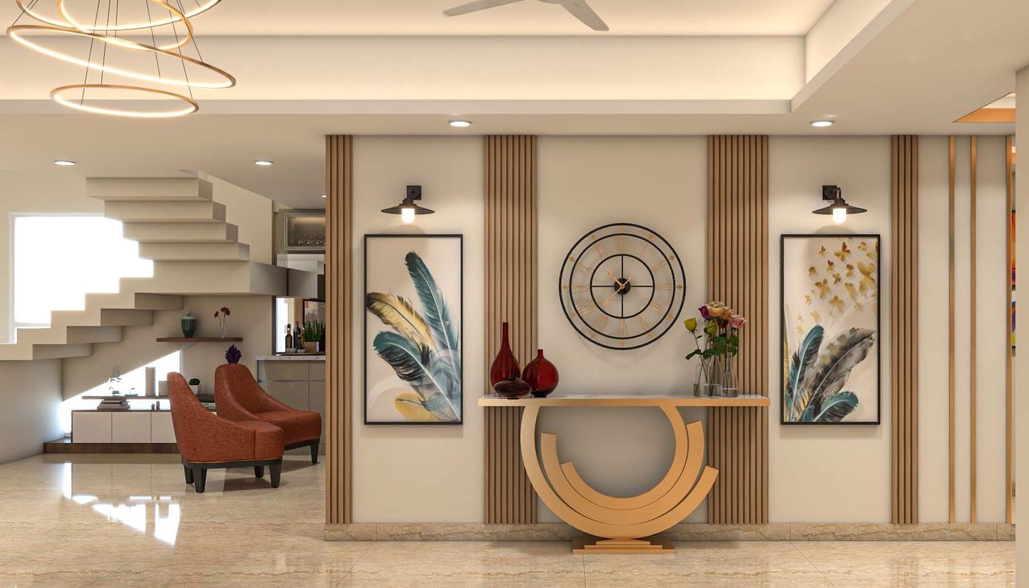 Space Saving Antique Foyer Design With Wooden Rafters | Livspace