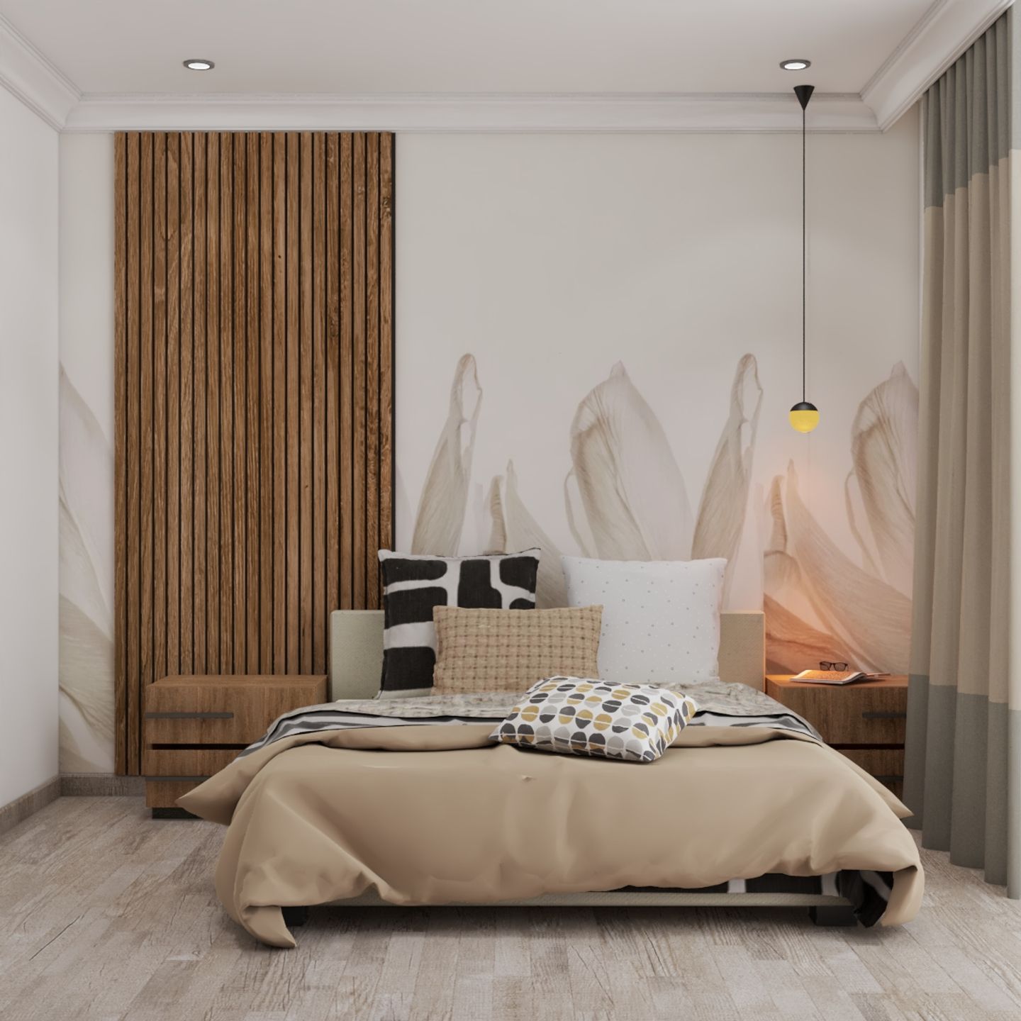 Contemporary Beige Themed Guest Room Design With Wooden Panel | Livspace