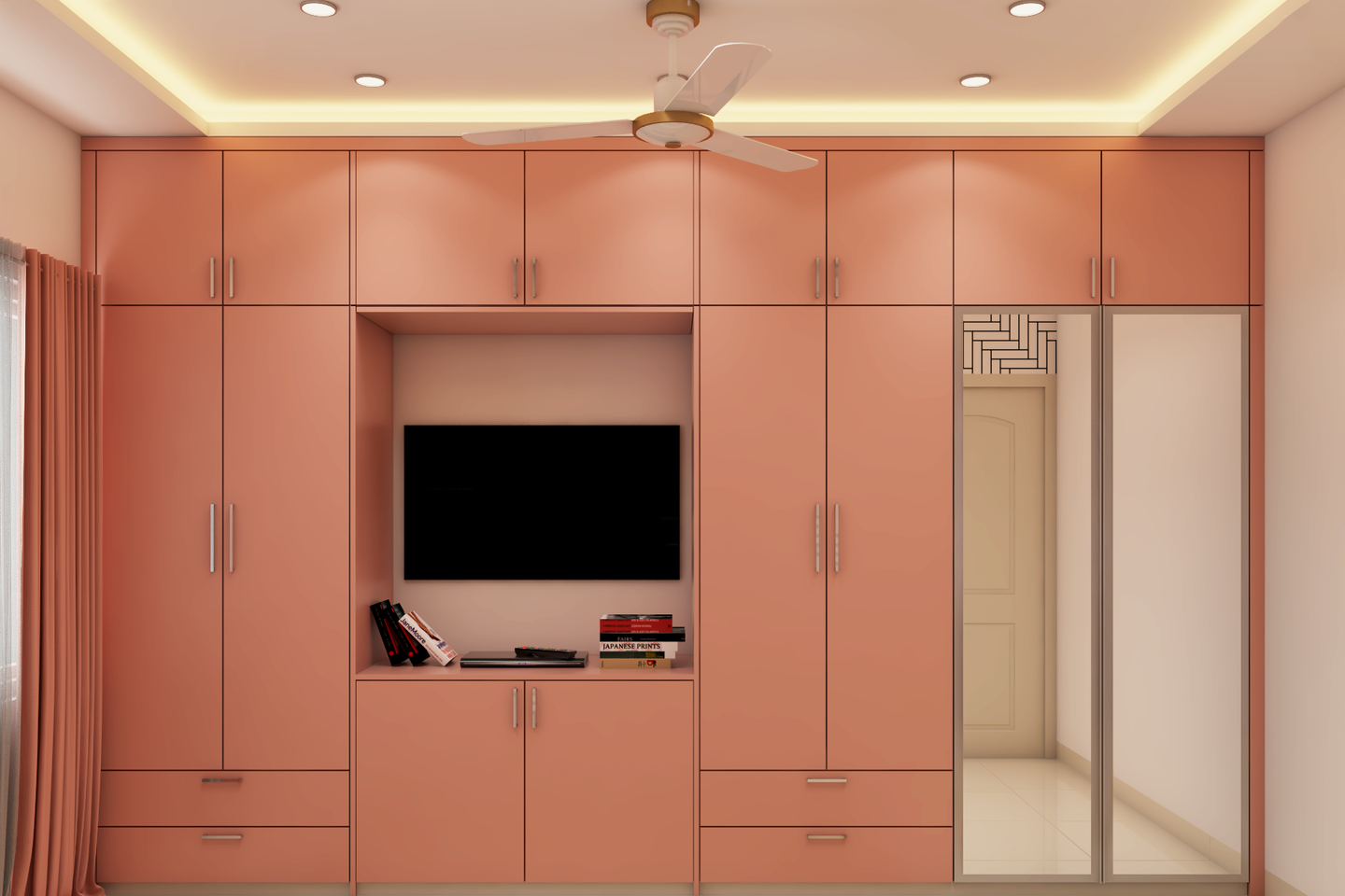 Spacious Peach Guest Bedroom Design With Wardrobe | Livspace