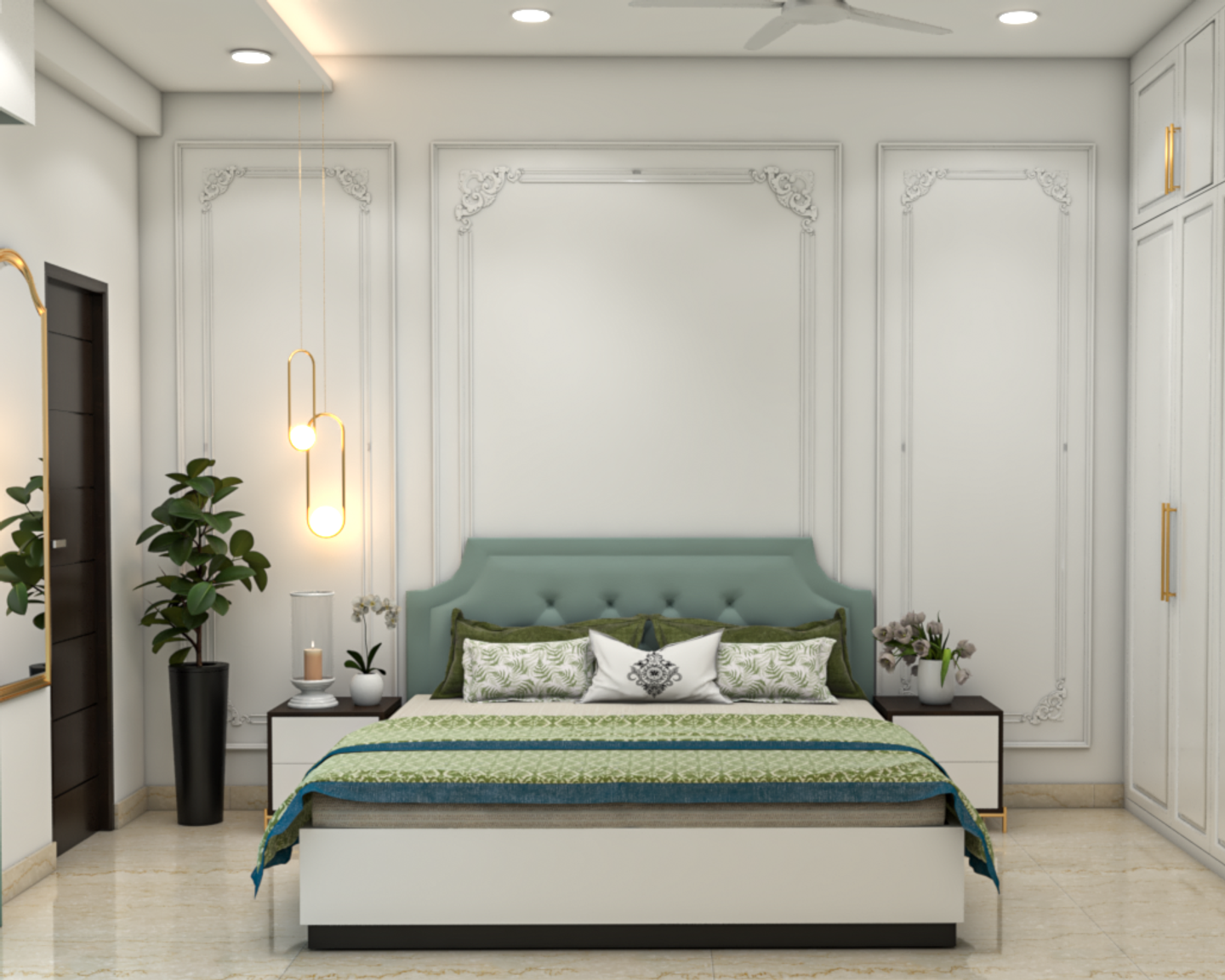 Spacious Guest Bedroom Design With White Trims And Pastel Green ...