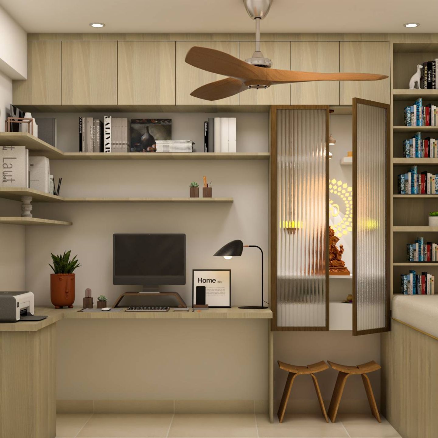 Spacious Home Office Design With Multiple Open Ledges And Storage ...