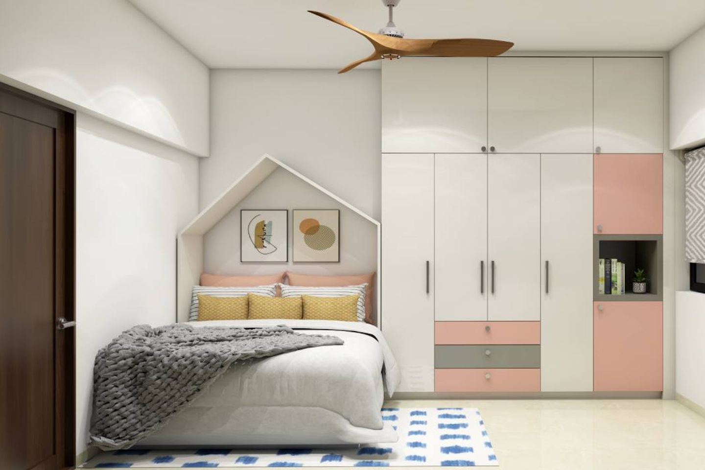 Modern Pink Themed Kids Bedroom With Compact Layout | Livspace