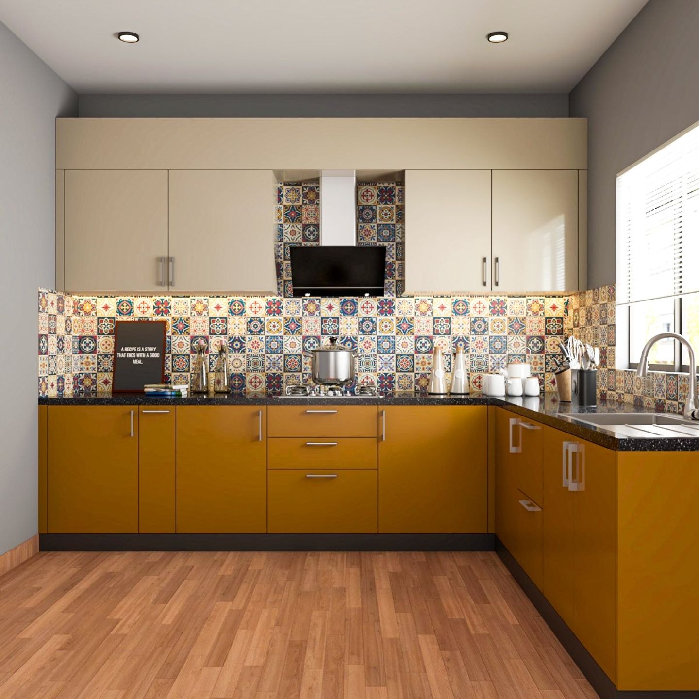 Compact L-Shaped Cream And Mustard Kitchen Design | Livspace