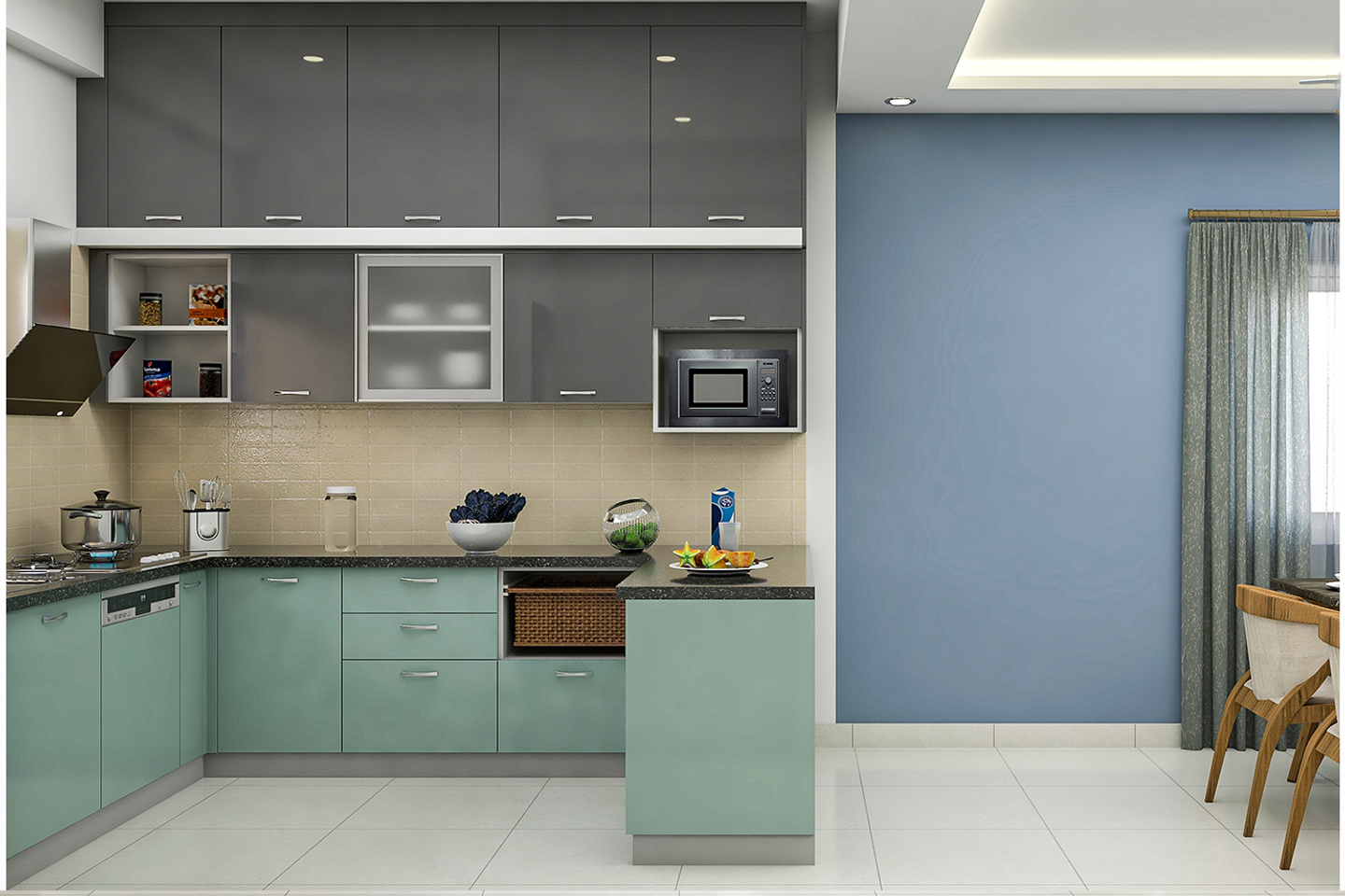 Colourful Modern Kitchen Design With Glass Cabinet Shutters | Livspace