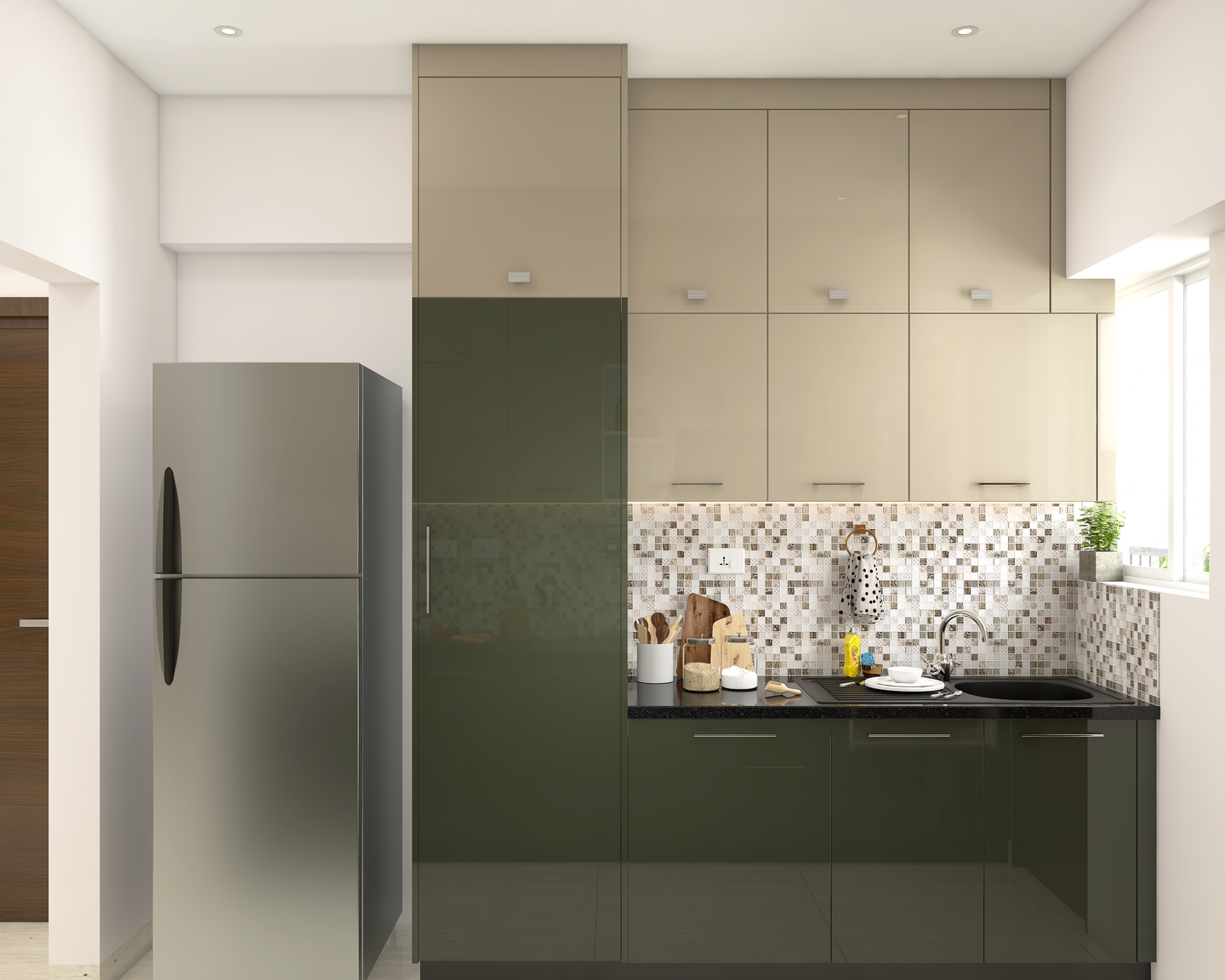 Modern Kitchen Design With Dark Olive Green And Beige Cabinets | Livspace