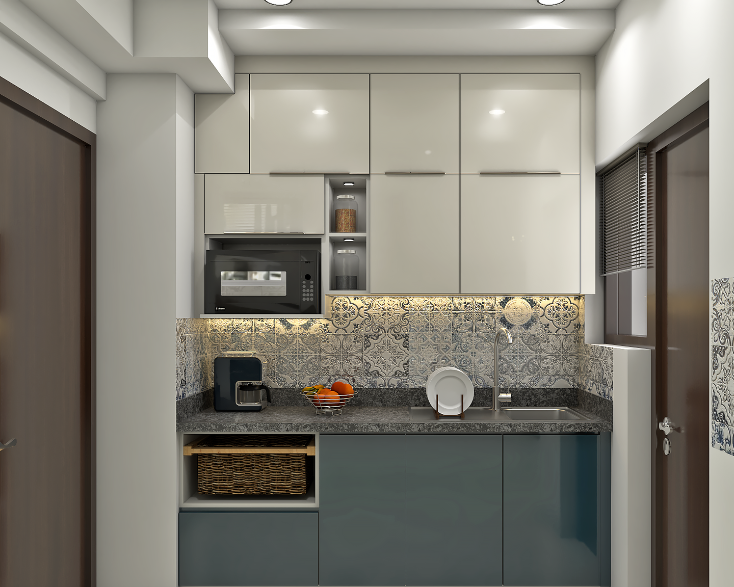 Compact Parallel Kitchen Design with Blue Cabinets | Livspace