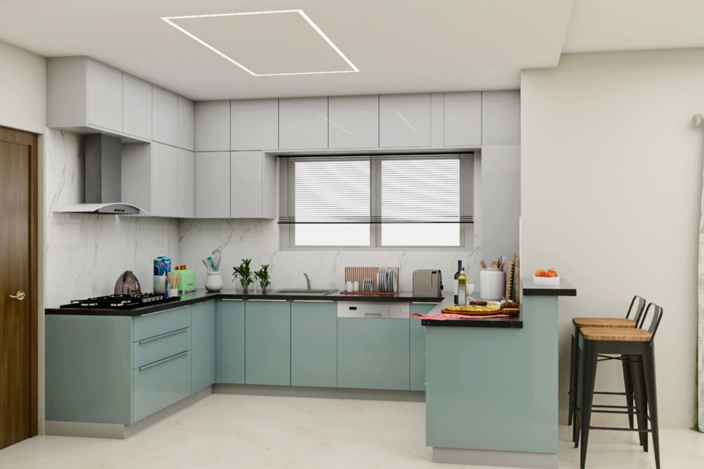 Blue And Grey U-Shaped Modern Kitchen Design | Livspace