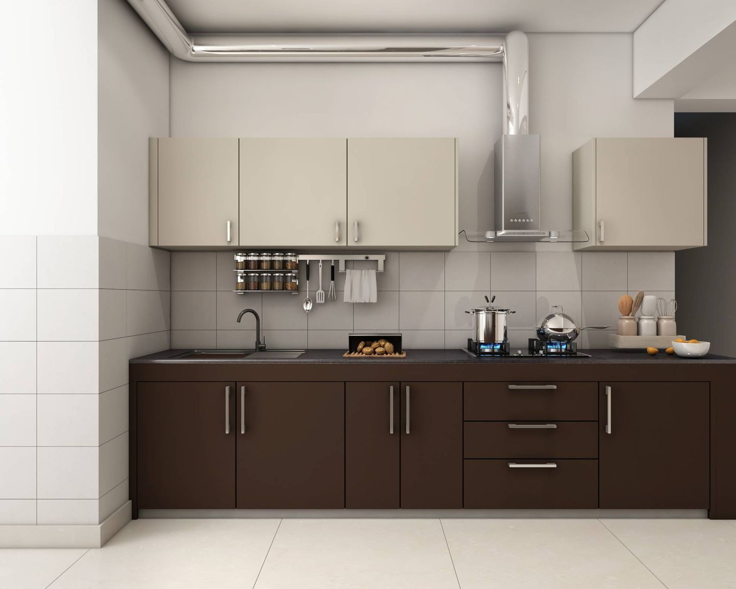 Compact Kitchen Design With White Dado Tiles | Livspace