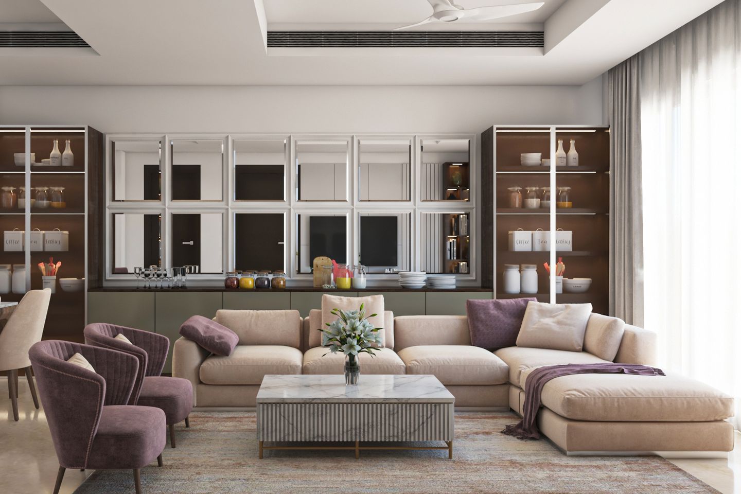 Contemporary Style Living Room With Spacious Beige Interiors | Livspace