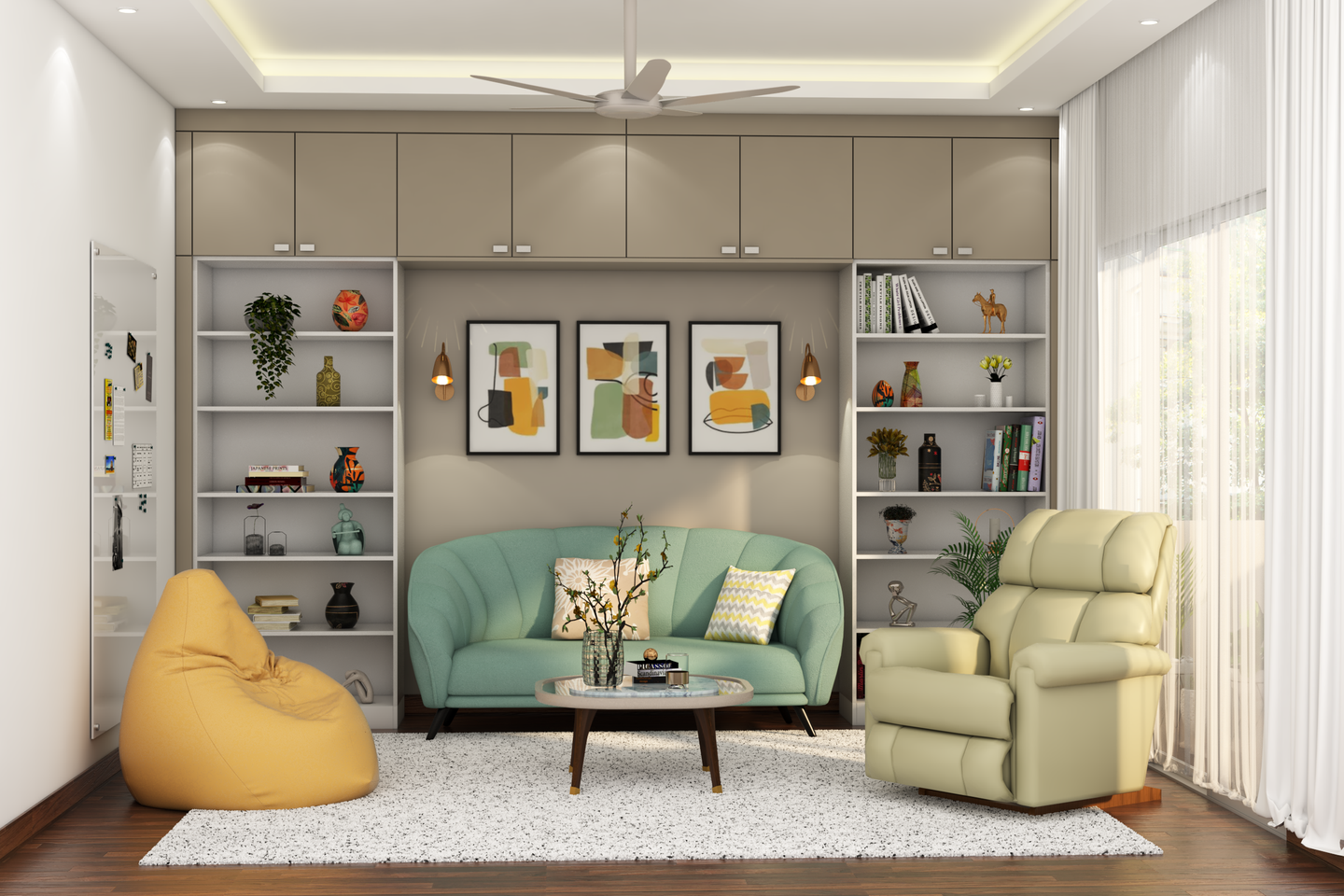 Spacious Living Room Design With Beige Storage Units | Livspace