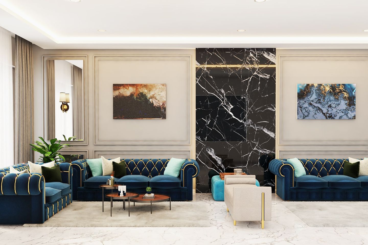 Contemporary Living Room With Black Marble Panelling And Dark Blue ...