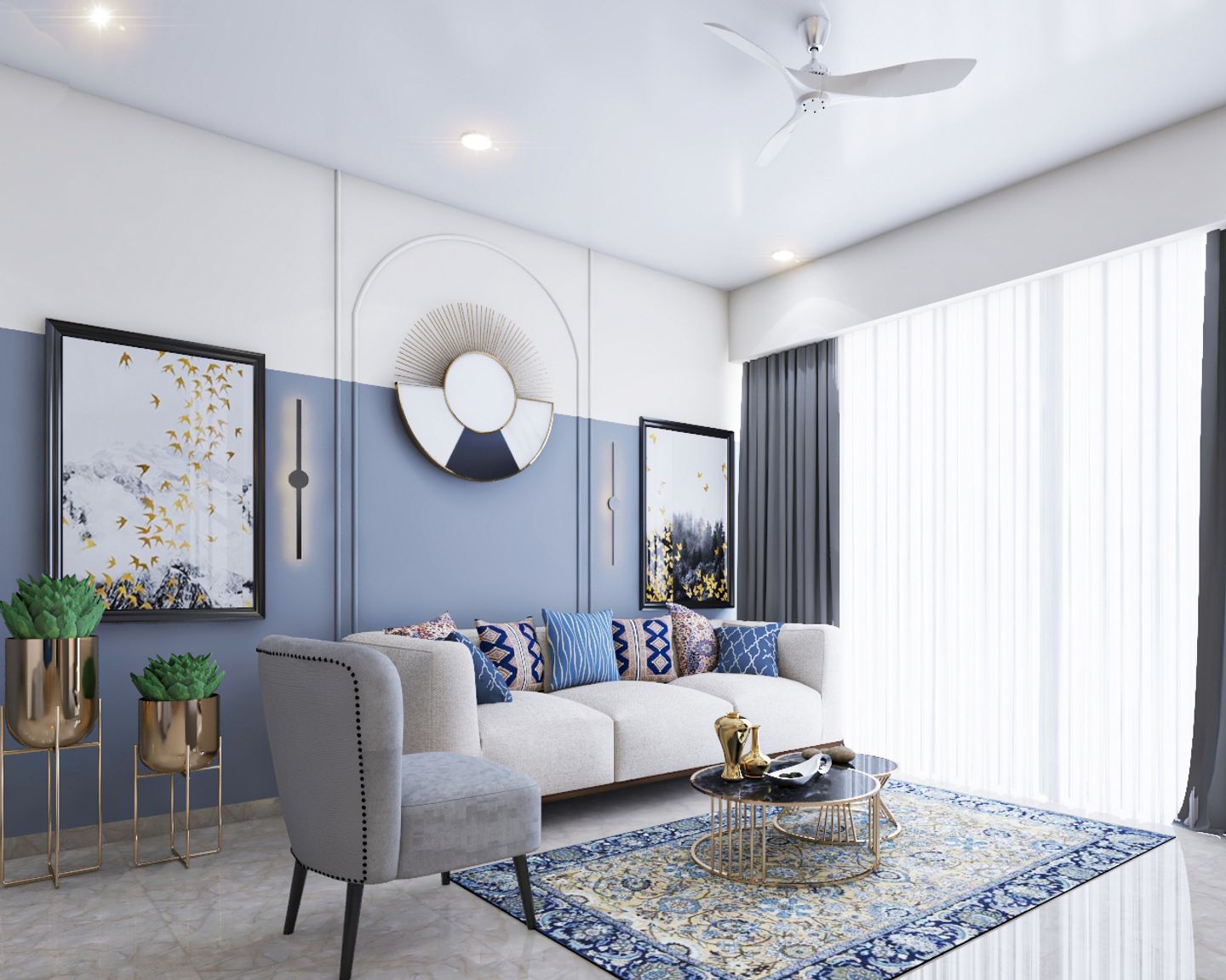 Modern Living Room With White And Blue Themed Interiors | Livspace