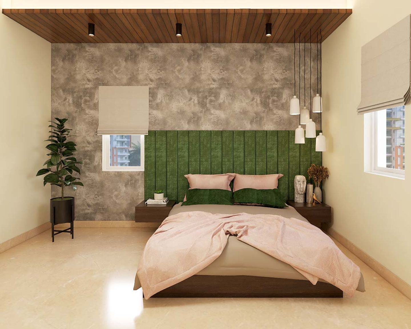 Modern Master Bedroom Design With Grey Patchy Wallpaper | Livspace