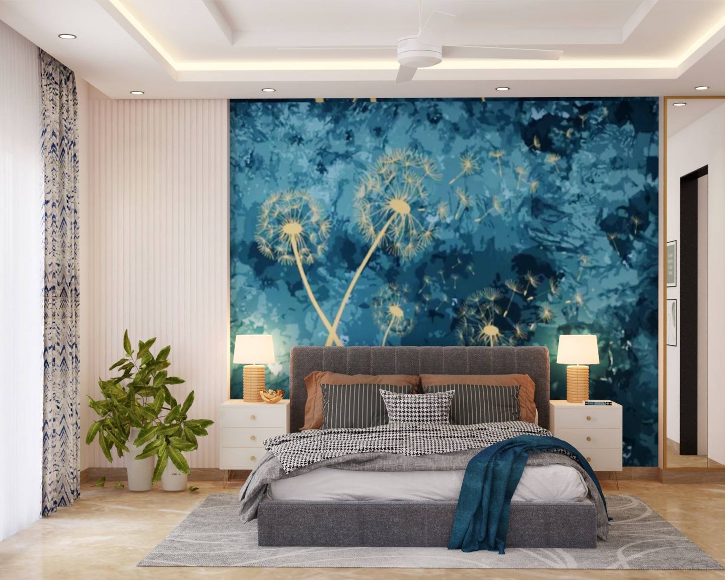 Modern Spacious Master Bedroom Design With Blue Wallpaper And White ...