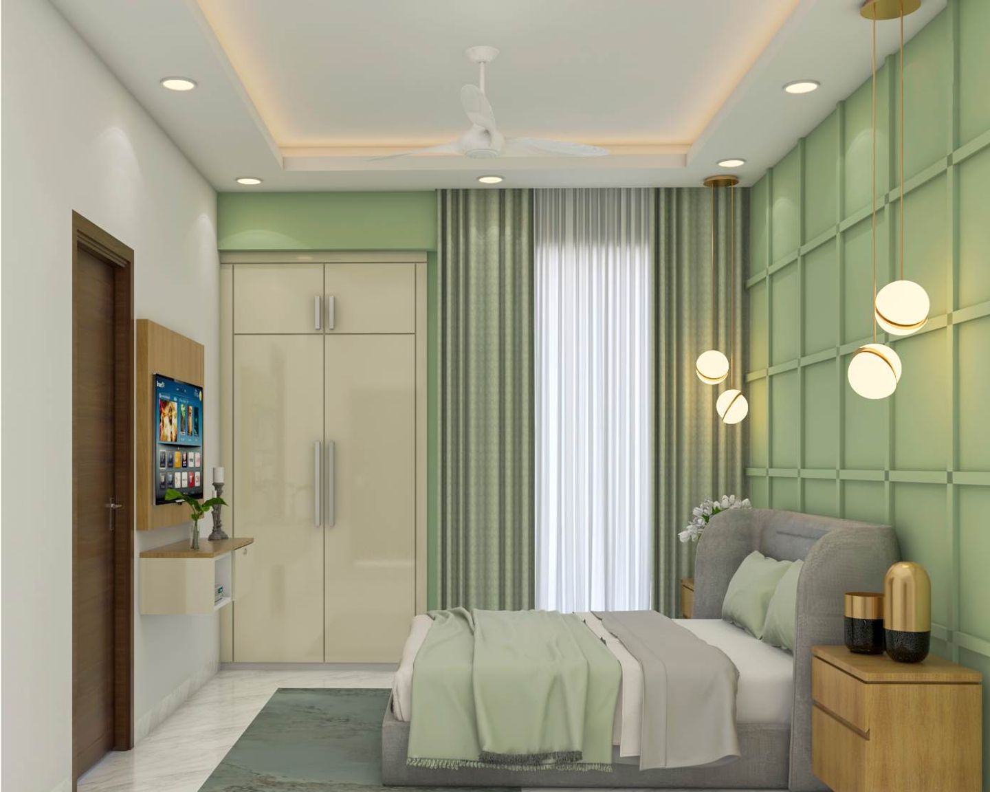 Spacious Green Master Bedroom Design With Upholstered Bed | Livspace