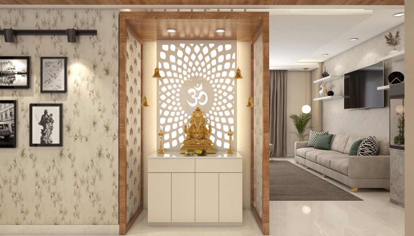 White And Wooden Compact Pooja Room Design | Livspace