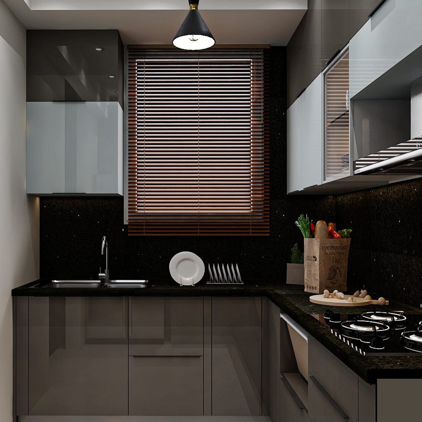 Spacious U-Shaped Kitchen Design With Dark Shades And Handleless ...