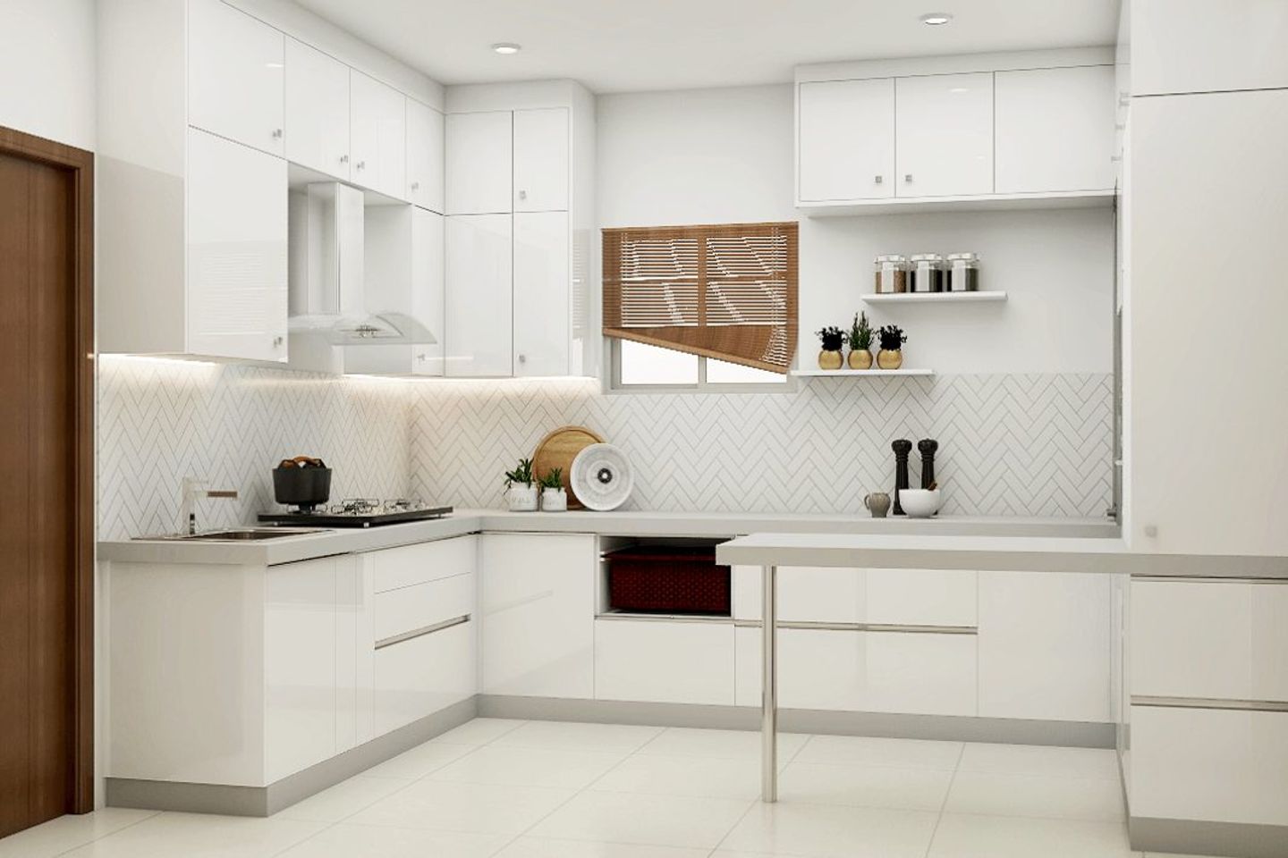 White Spacious Kitchen Design With Herringbone Tiles | Livspace