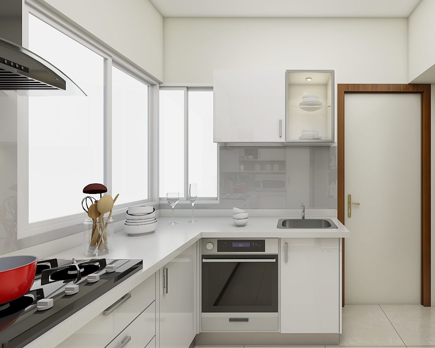 Compact L-Shaped Kitchen Design With Frosty White Cabinets | Livspace